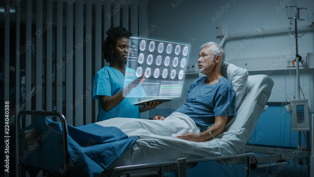 In the Hospital, Senior Patient Lying in the Bed Nurse Holding Tablet ...