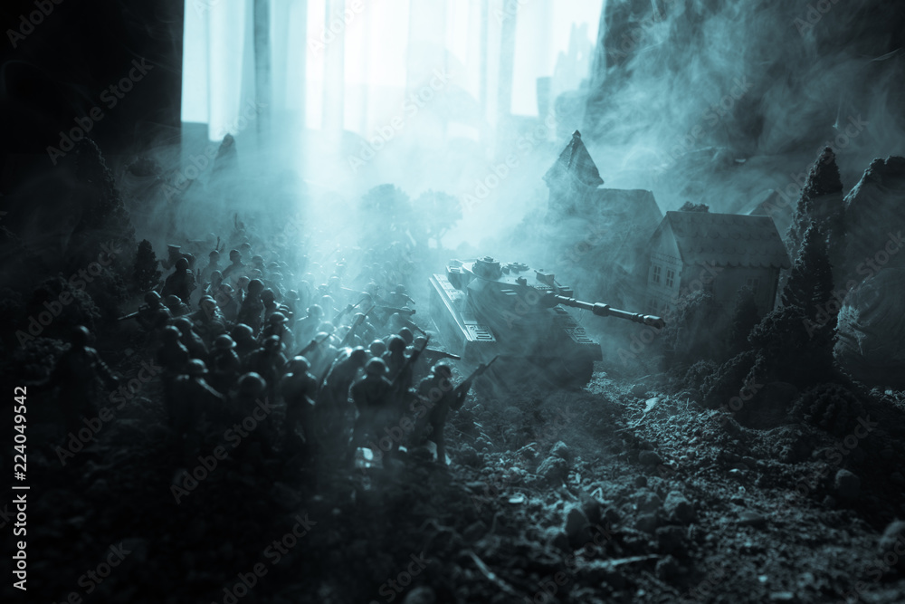 War Concept. Military silhouettes fighting scene on war fog sky ...