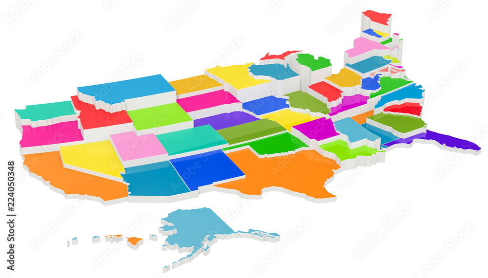 Colored United States of America map with state borders, 3D rendering ...