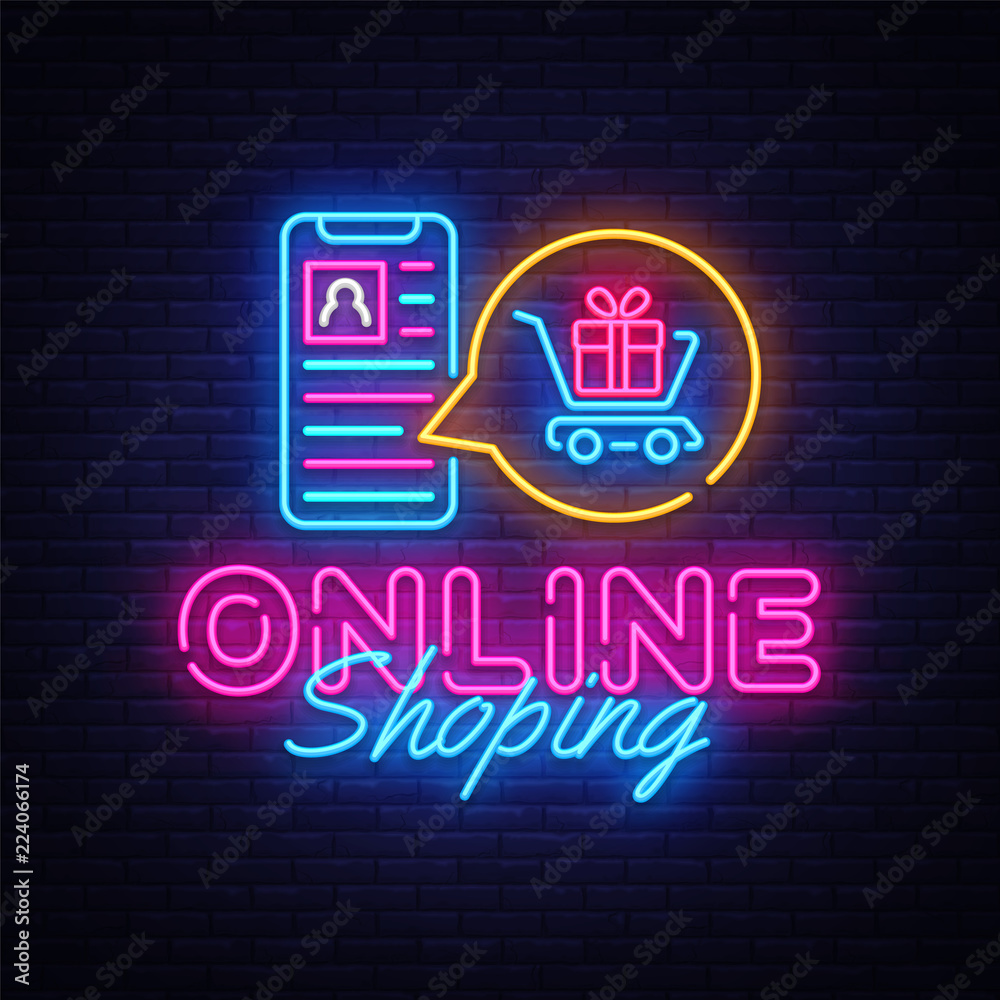 Online Shoping neon banner vector design template. Mobile paymentsneon ...
