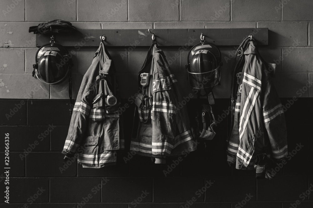 Firefighter bunker suit in the fire station Stock Photo | Adobe Stock