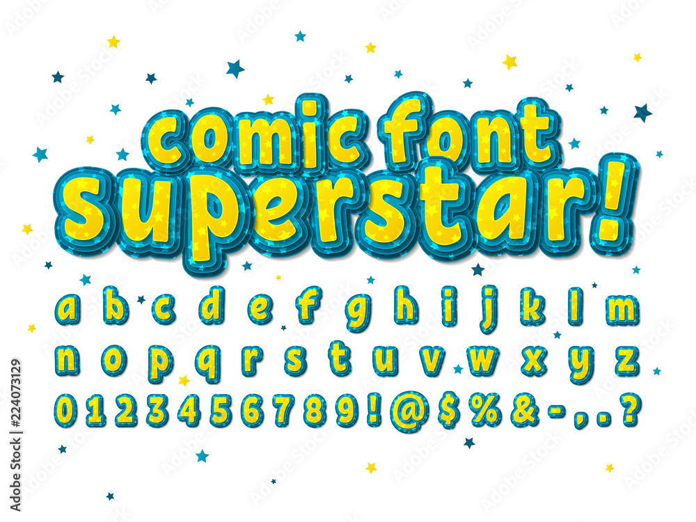 Star yellow and blue comic font on white background with colorful stars ...