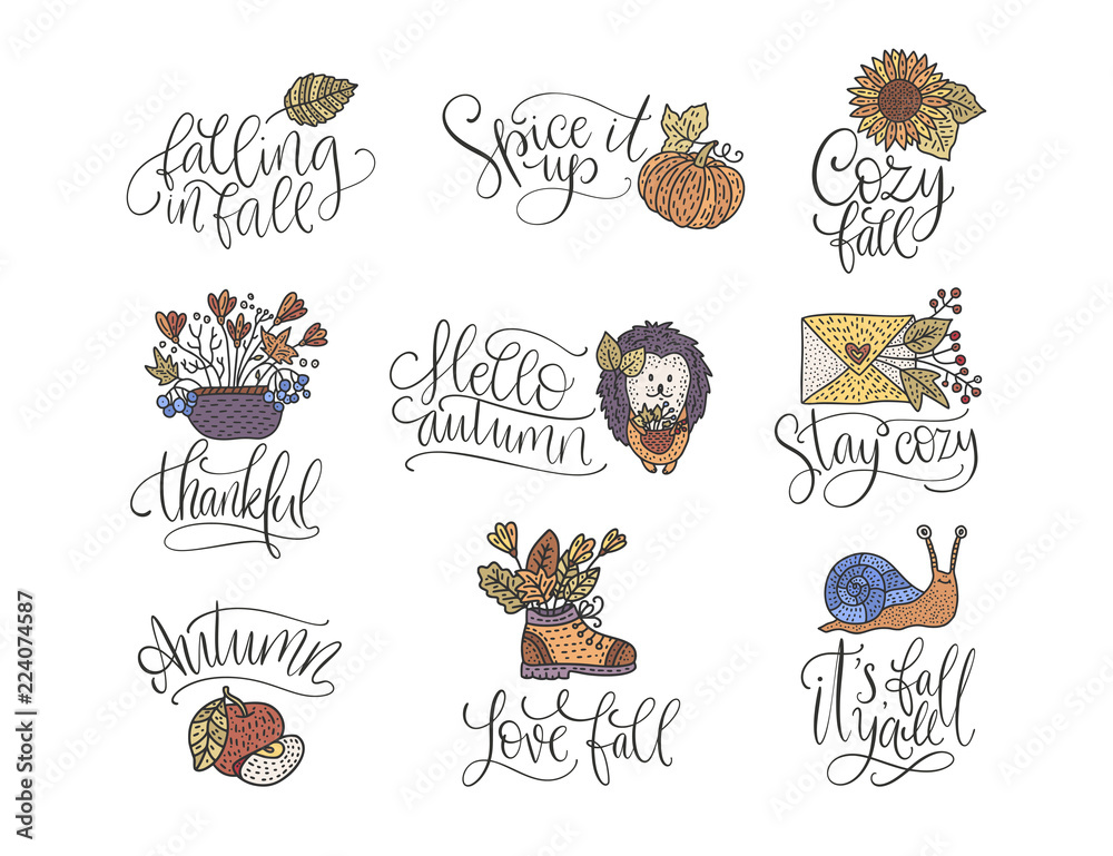 Cozy fall vector lettering set. Hand drawn autumn quotes. Stock Vector ...