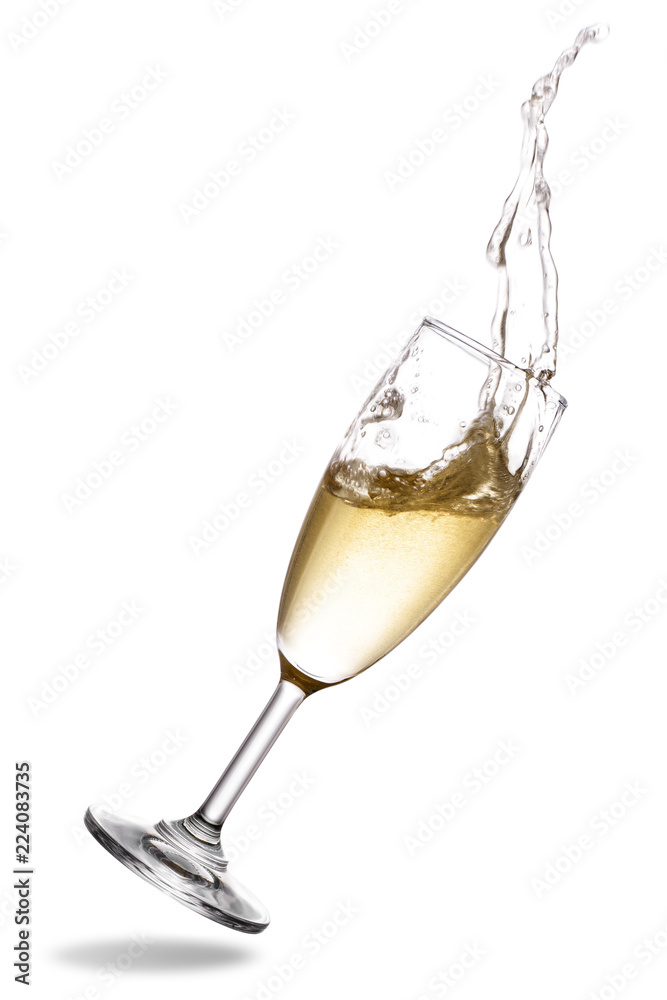 Champagne splash out of glass isolated on white background. Stock Photo ...