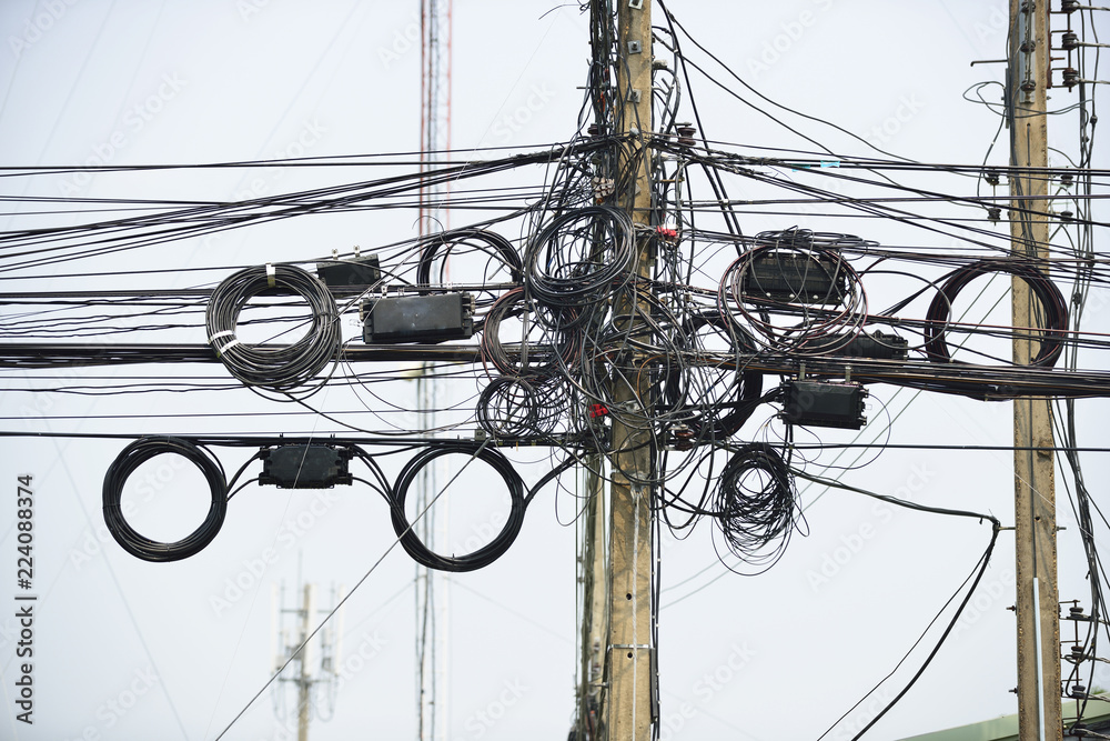 Wire assemblage a lot of cables and wires on pole in the city Stock ...