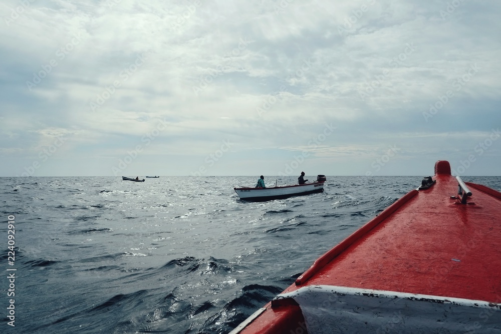 local fisherman in a big group hunting for yellow fin tuna or other ...