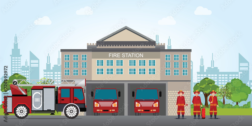 Fire station building with emergency vehicle fire engine truck . Stock ...