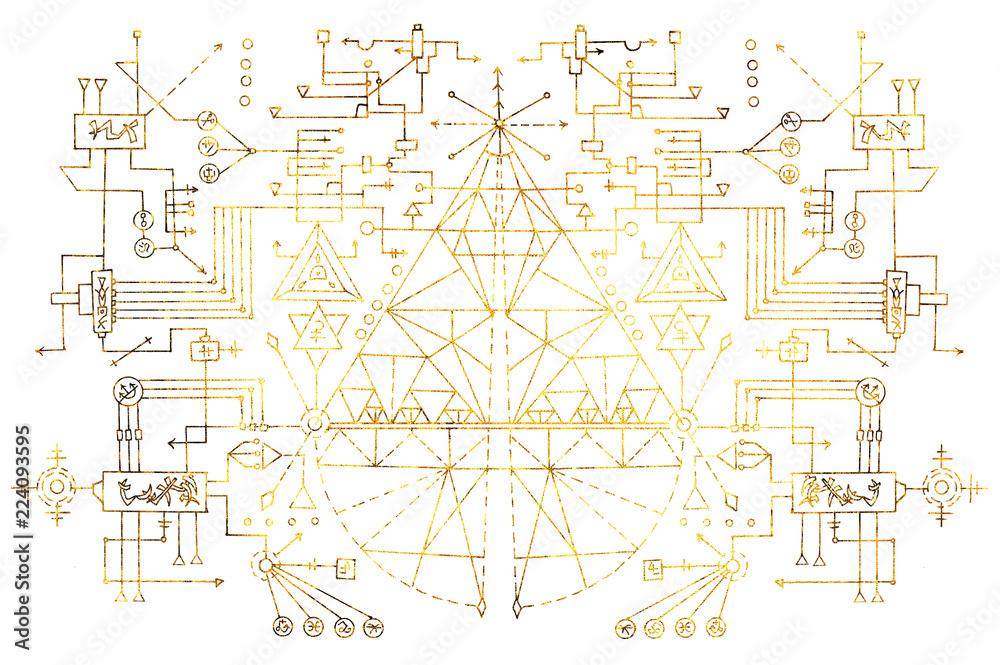 Geometric scheme with golden lines, figures, angles, triangles on white ...