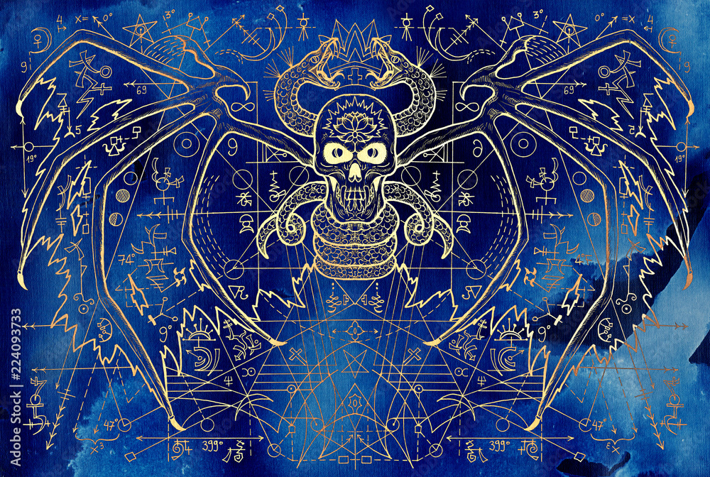 Demon skull and snake with geometric lines and mystic symbols on blue ...