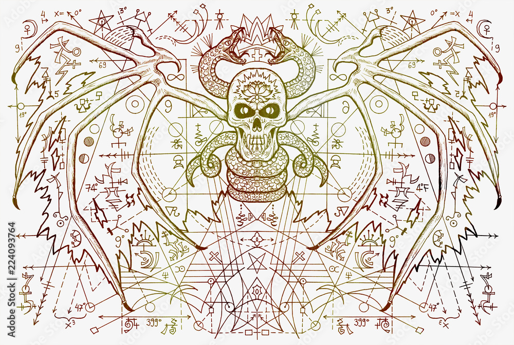 Demon skull and snake with mystic geometric symbols on white. Esoteric ...