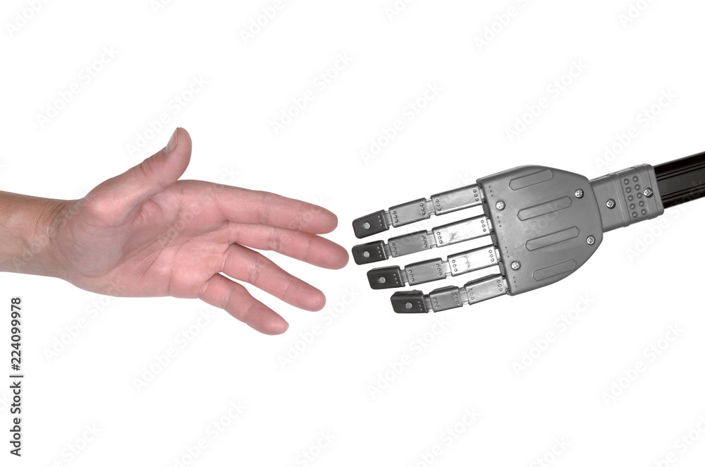 Handshake between hand of human and robot hand isolated on white ...