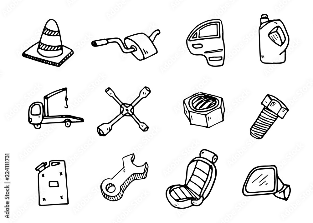 Set of auto spare parts. Car recyclers and scarp breaker icons in hand ...