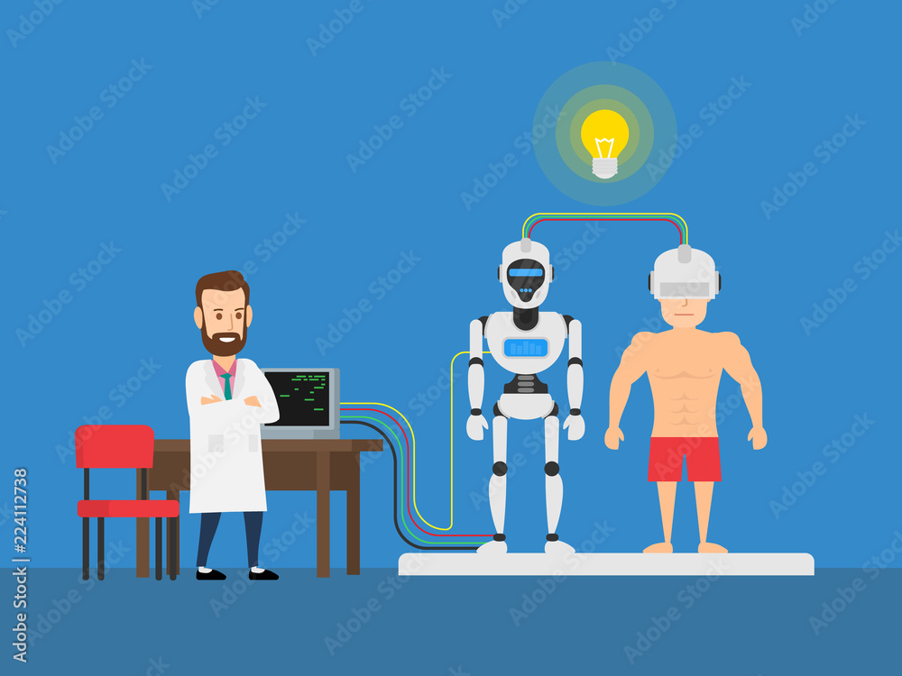scientist professor connecting robot humanoid with man in laboratory ...