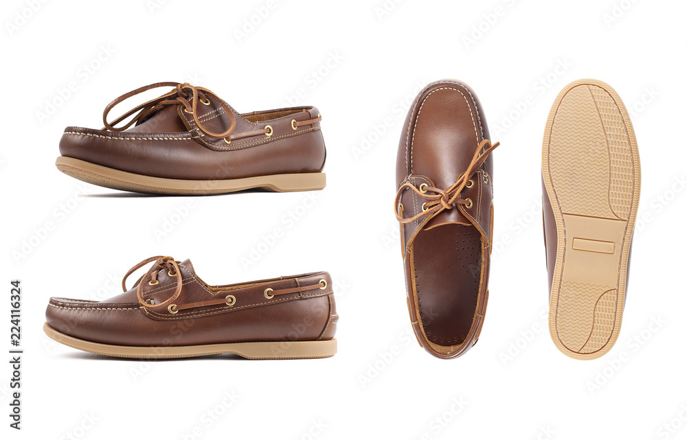Men's brown moccasins, loafers isolated white background. Side view ...