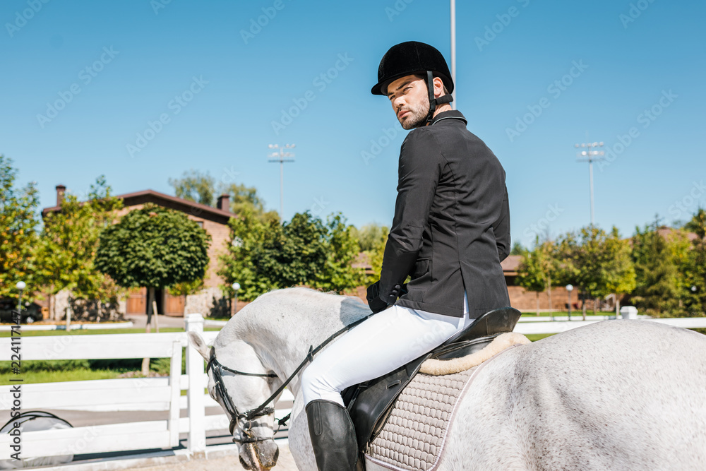 handsome male equestrian in professional apparel sitting on horseback ...