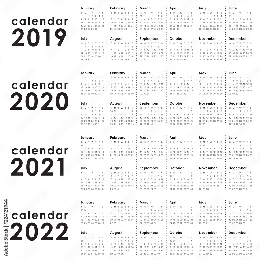 Year 2019 2020 2021 2022 calendar vector design template Stock Vector ...