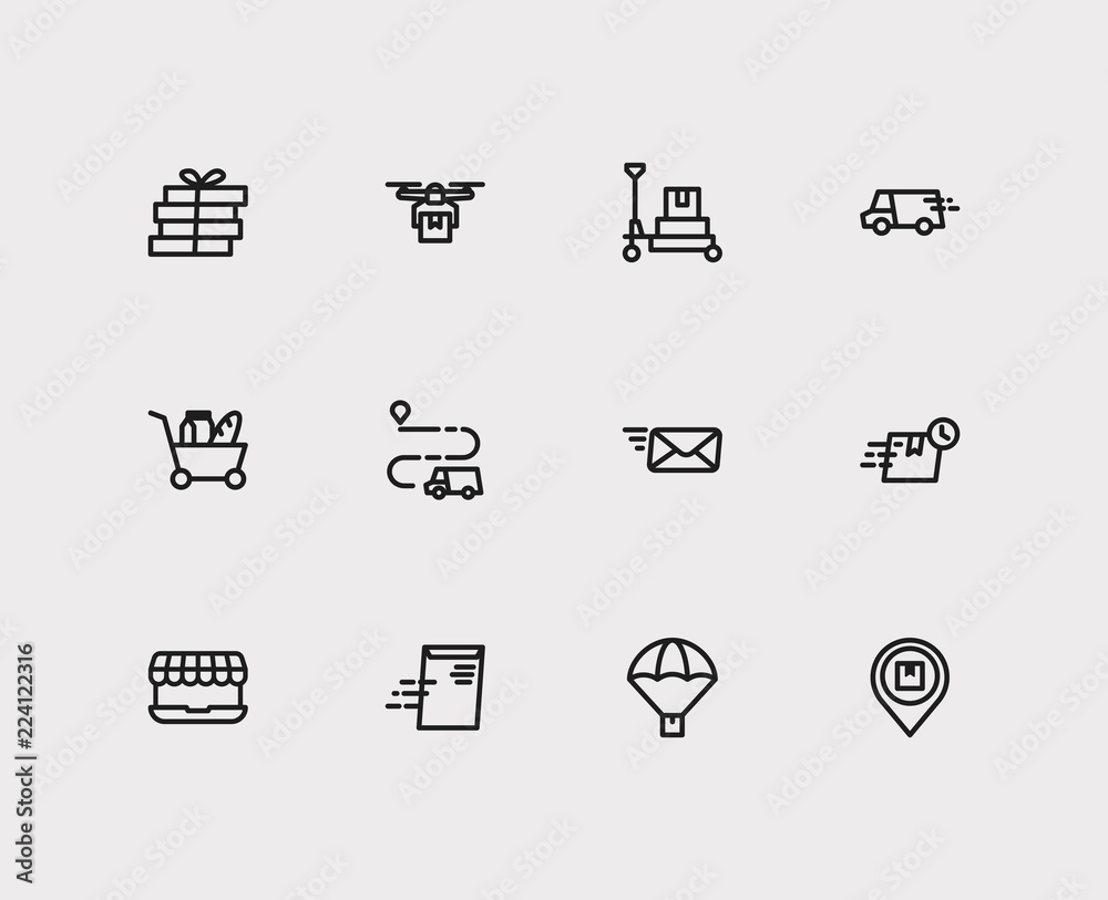 Delivery icons set. Email and delivery icons with truck route, grocery ...