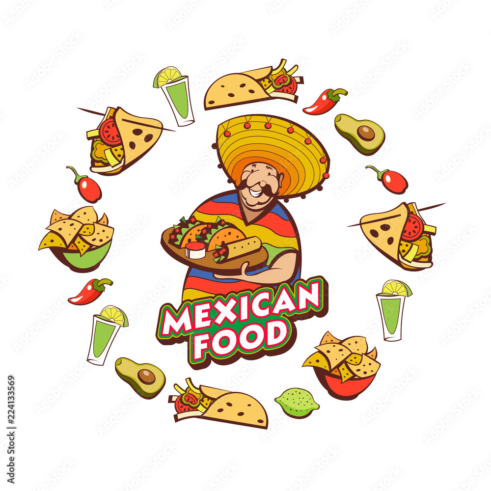 Mexican food. Cute Mexican holding a tray of Mexican food. A set of ...