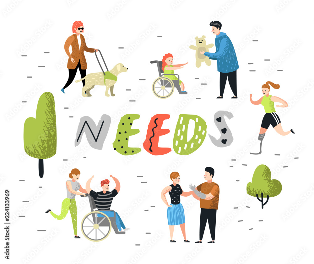 Flat People Characters Set with Special Needs. Disabled Cartoons, Man ...