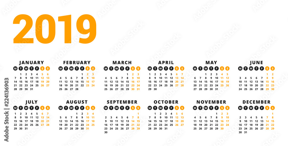 Calendar for 2019 year on white background. Week starts on Monday. 6 ...