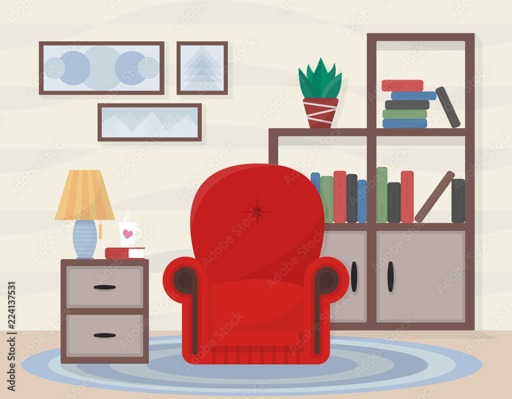 Cozy retro living room interior. Place for reading with old school red ...