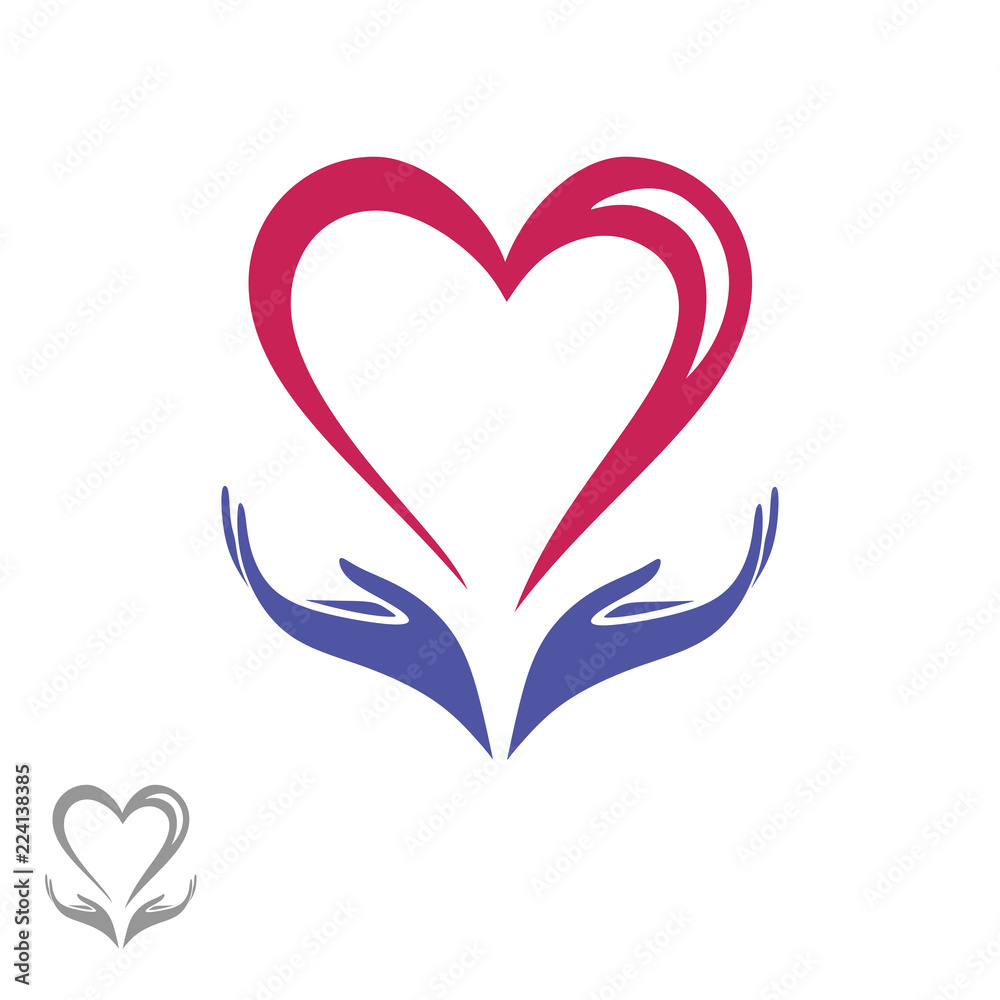 Hands holding the heart. Logo, sign, symbol in blue red colors and ...