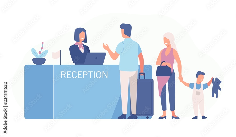 Family standing at airport check-in counter or registration desk and ...