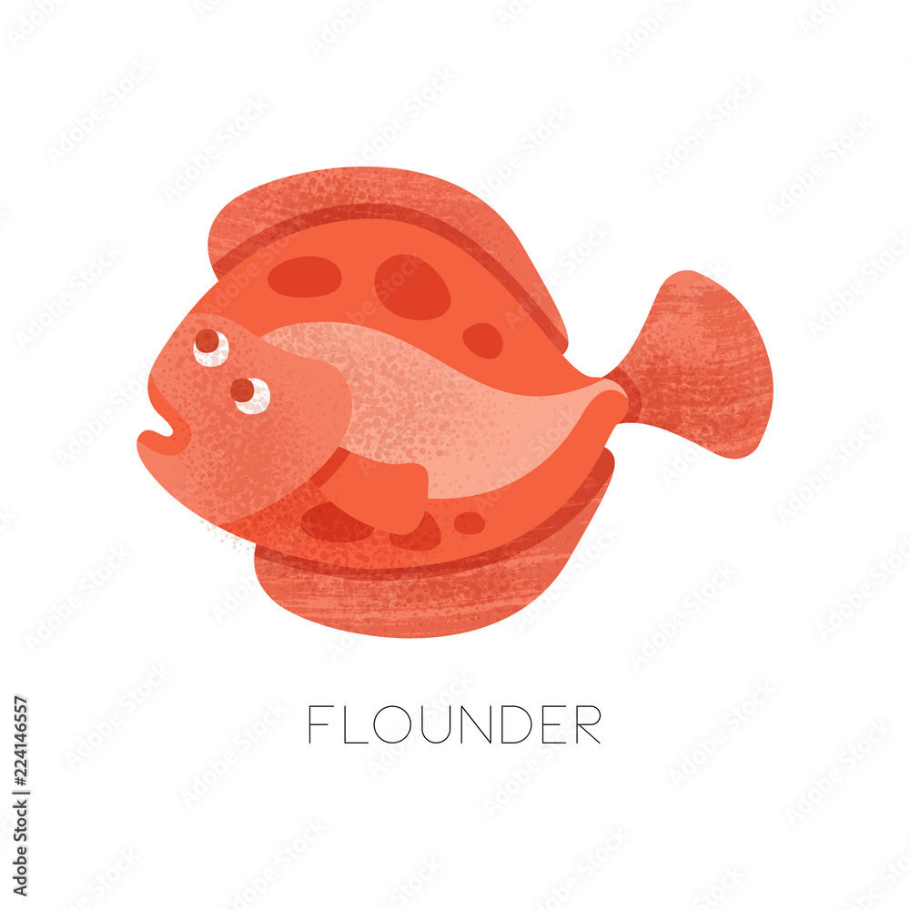 Flat vector icon of bright red flounder with texture. Small flatfish ...
