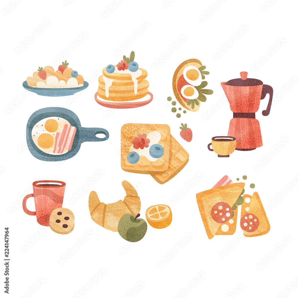 Classic breakfast dishes set, brunch or breakfast time vector ...