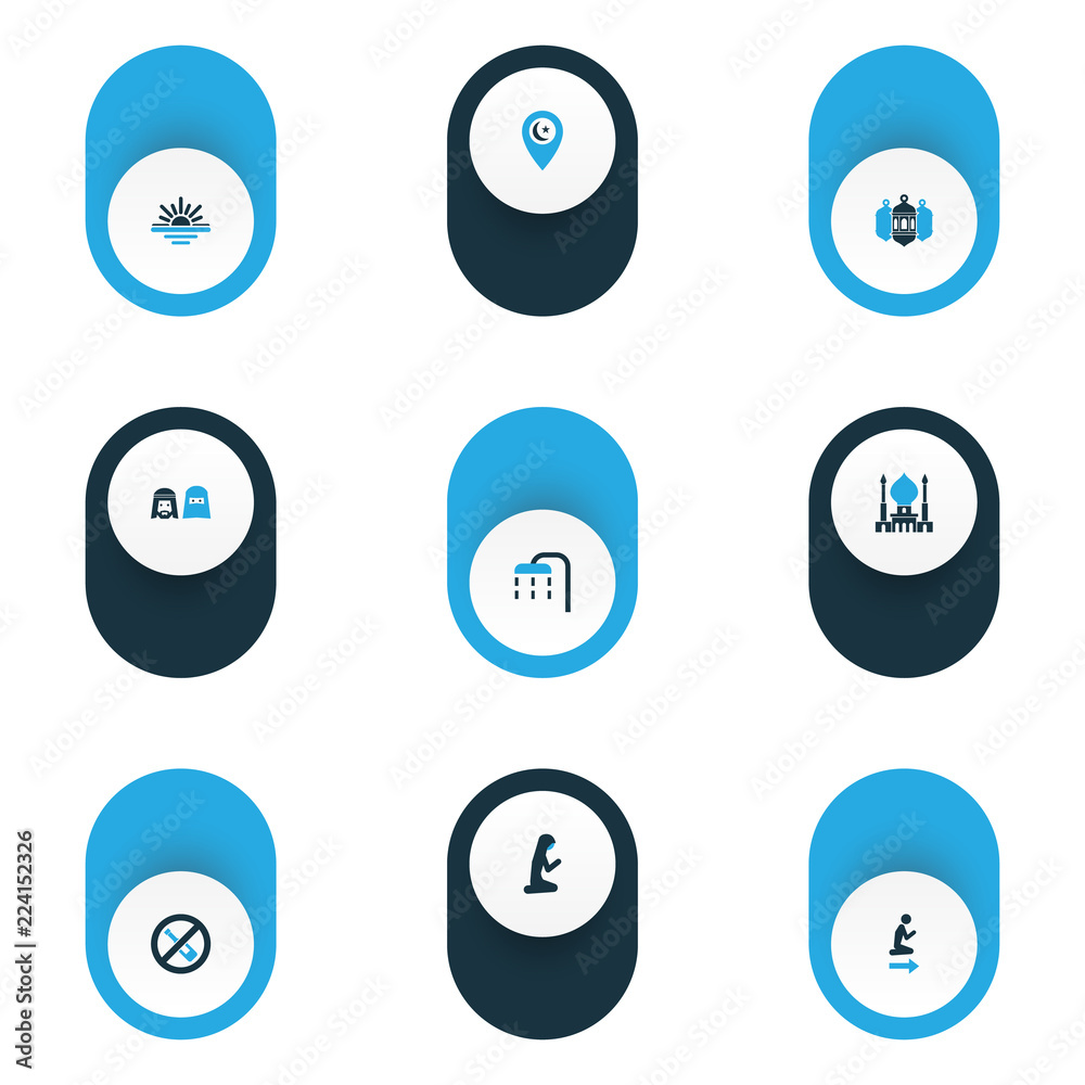 Religion icons colored set with people, no alcohol, mosque and other ...