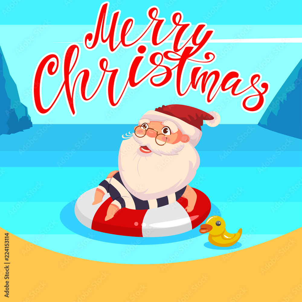 Summer Santa Claus is floating in the ocean on the inflatable rubber ...