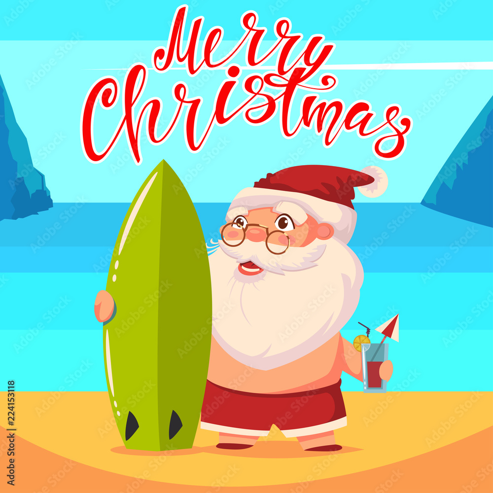 Summer Santa Claus on the beach in shorts with a surfboard and a ...
