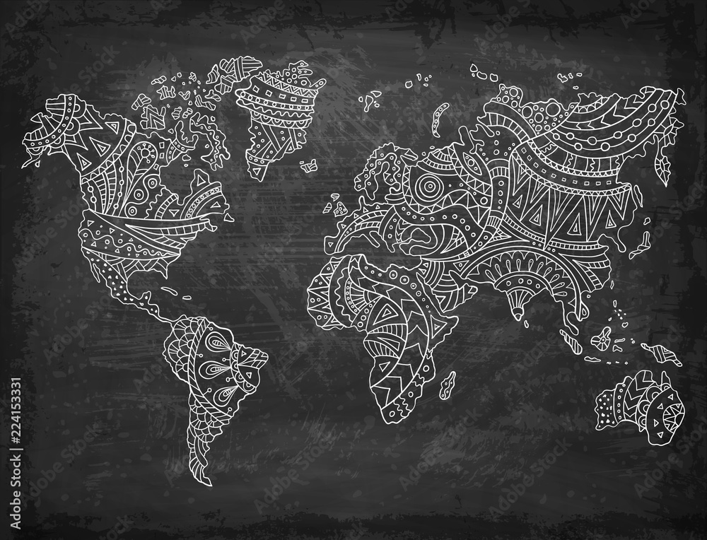Doodle world map on a chalkboard background. Hand-drawn continents ...