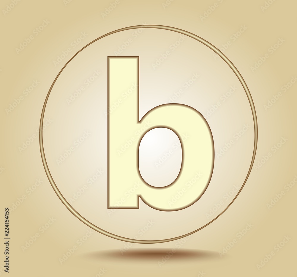 Letter B lowercase, round golden icon on light golden gradient ...