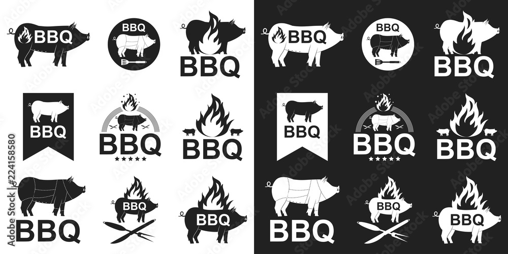 Barbecue logo, stamp, emblem with pig, fire and bbq tools. Vector flat ...