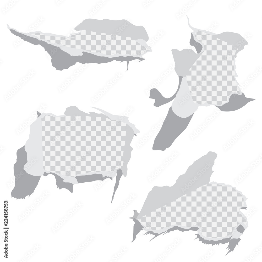 Paper torn, ripped and transparent hole. Vector set isolated on a white ...
