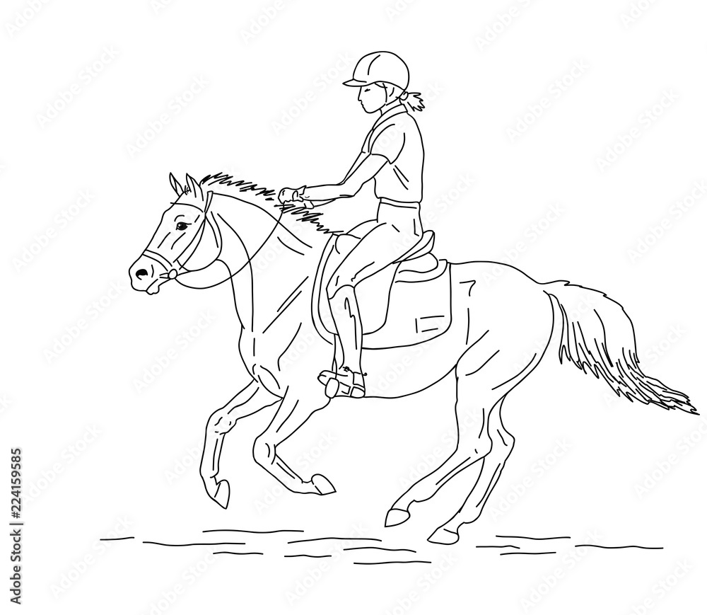 An illustration of a young rider cantering on a big pony. Stock Vector ...