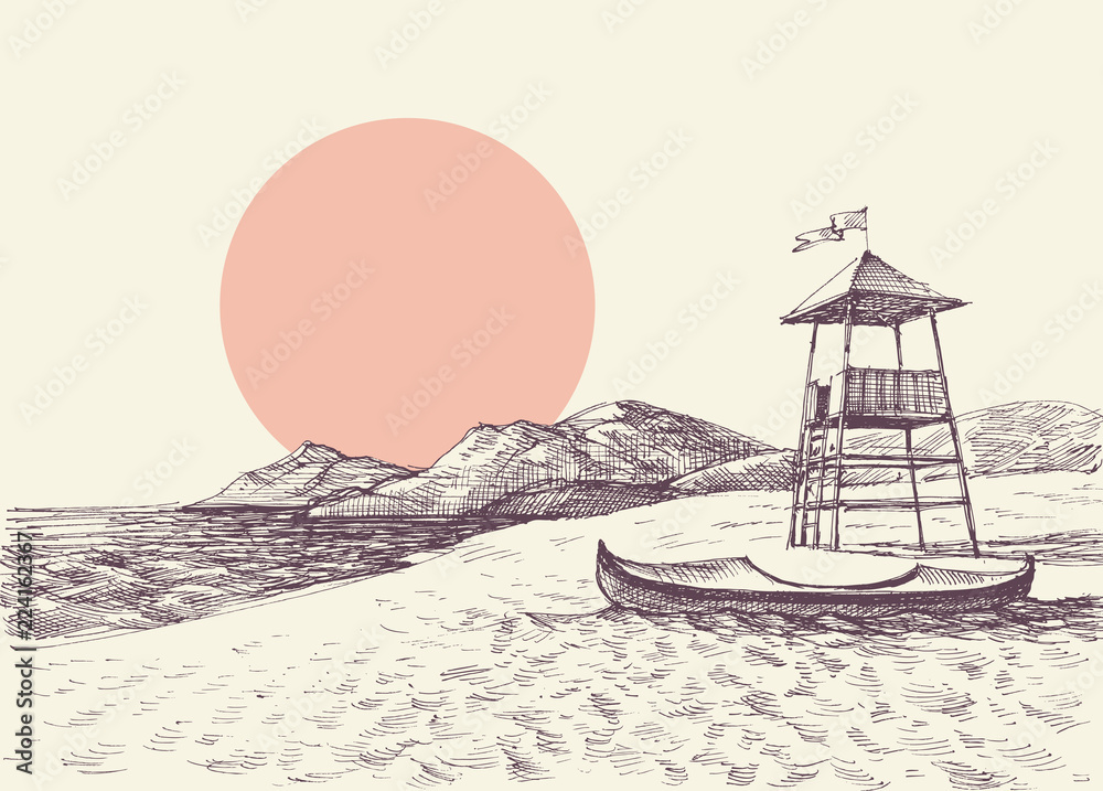 Lifeguard tower on the beach drawing Stock Vector | Adobe Stock