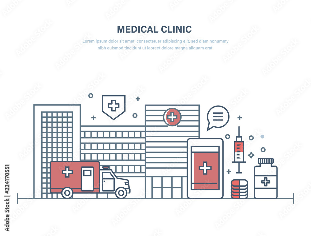 Medical clinic, facade of public hospital building, medical facility ...