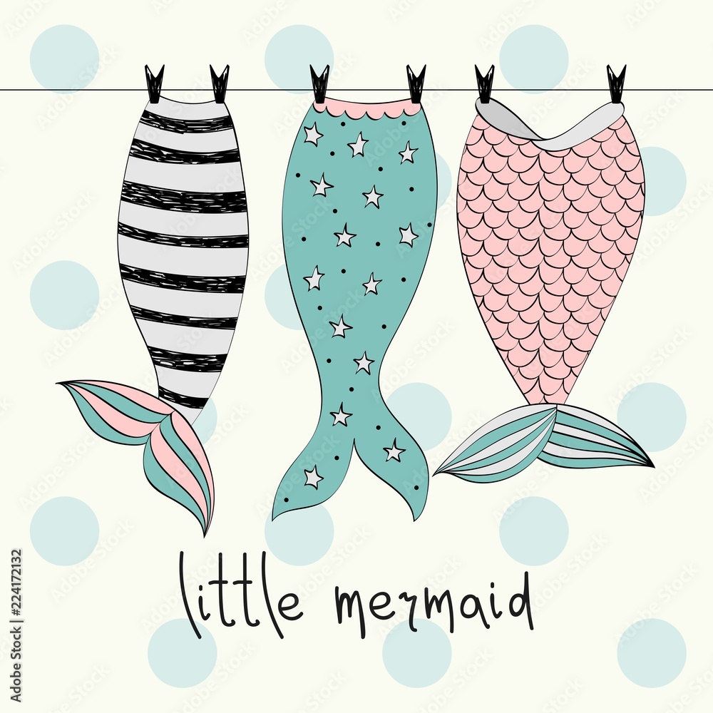 Vector hand drawn illustration with mermaid tails Stock Vector | Adobe ...