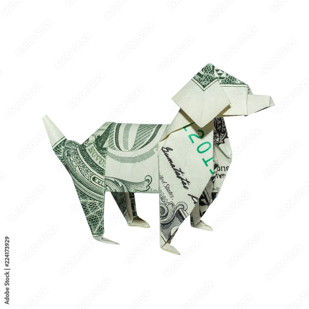 Money Origami DOG Right Side Folded with Real One Dollar Bill Isolated ...