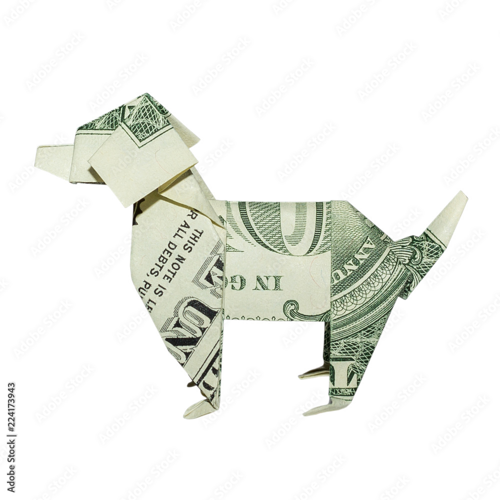 Money Origami Left Side DOG in Profile Folded with Real One Dollar Bill ...