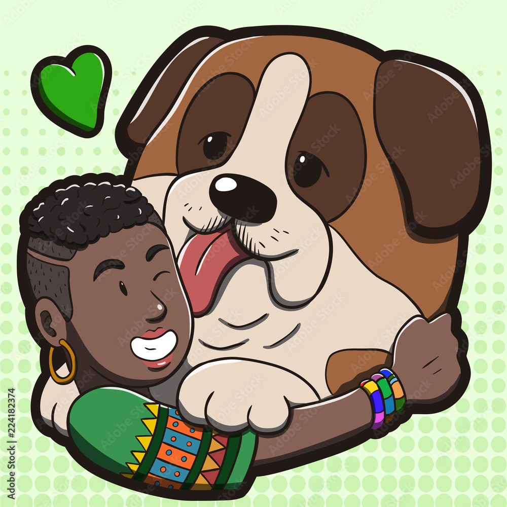 Vector illustration of a black woman hugging a big St. Bernard dog ...