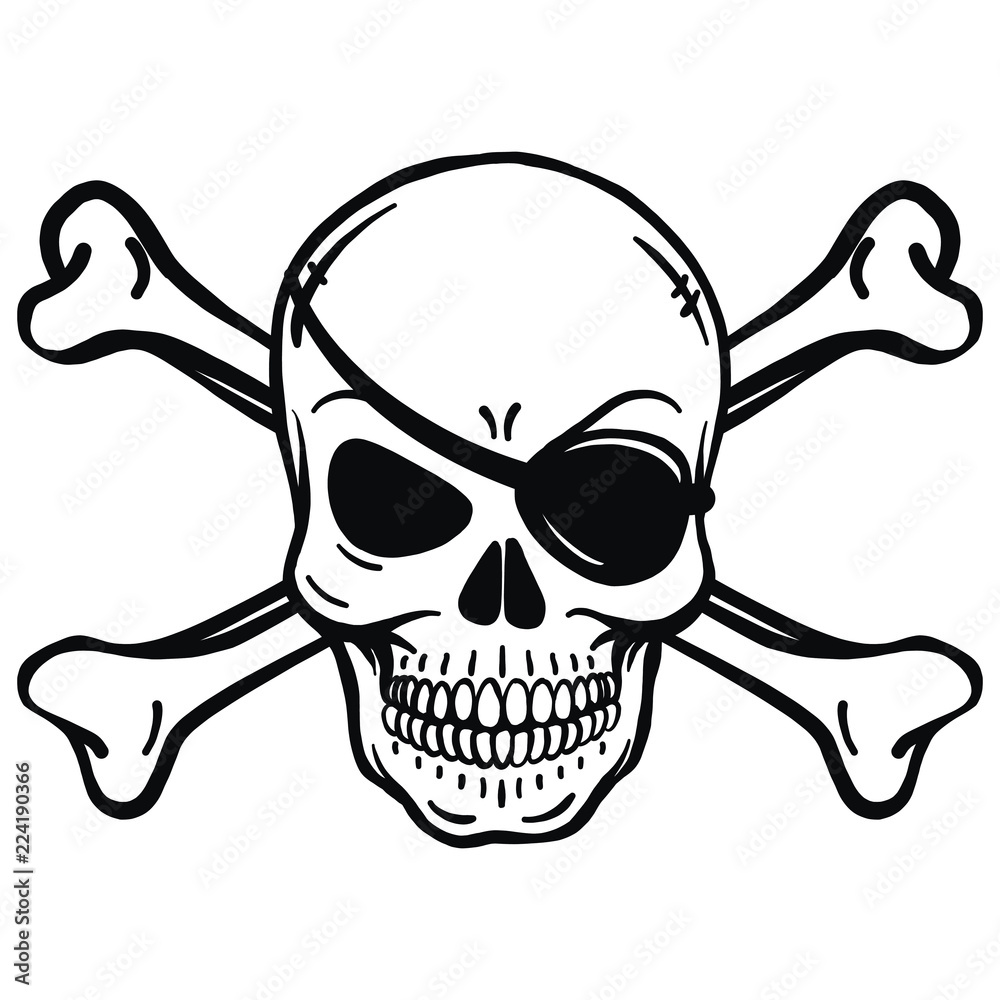 Bad Horror Skull With Eye Patch And Crossbones Black And White On