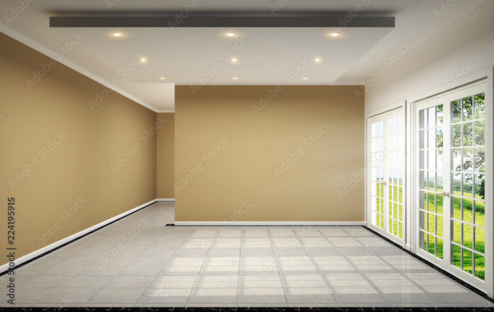 empty room interior design has brown wall on tile design 3D rendering Stock Illustration | Adobe ...