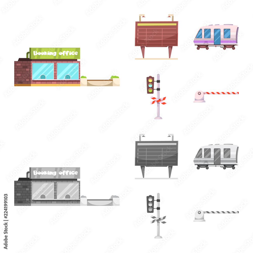 Vector illustration of train and station symbol. Set of train and ...
