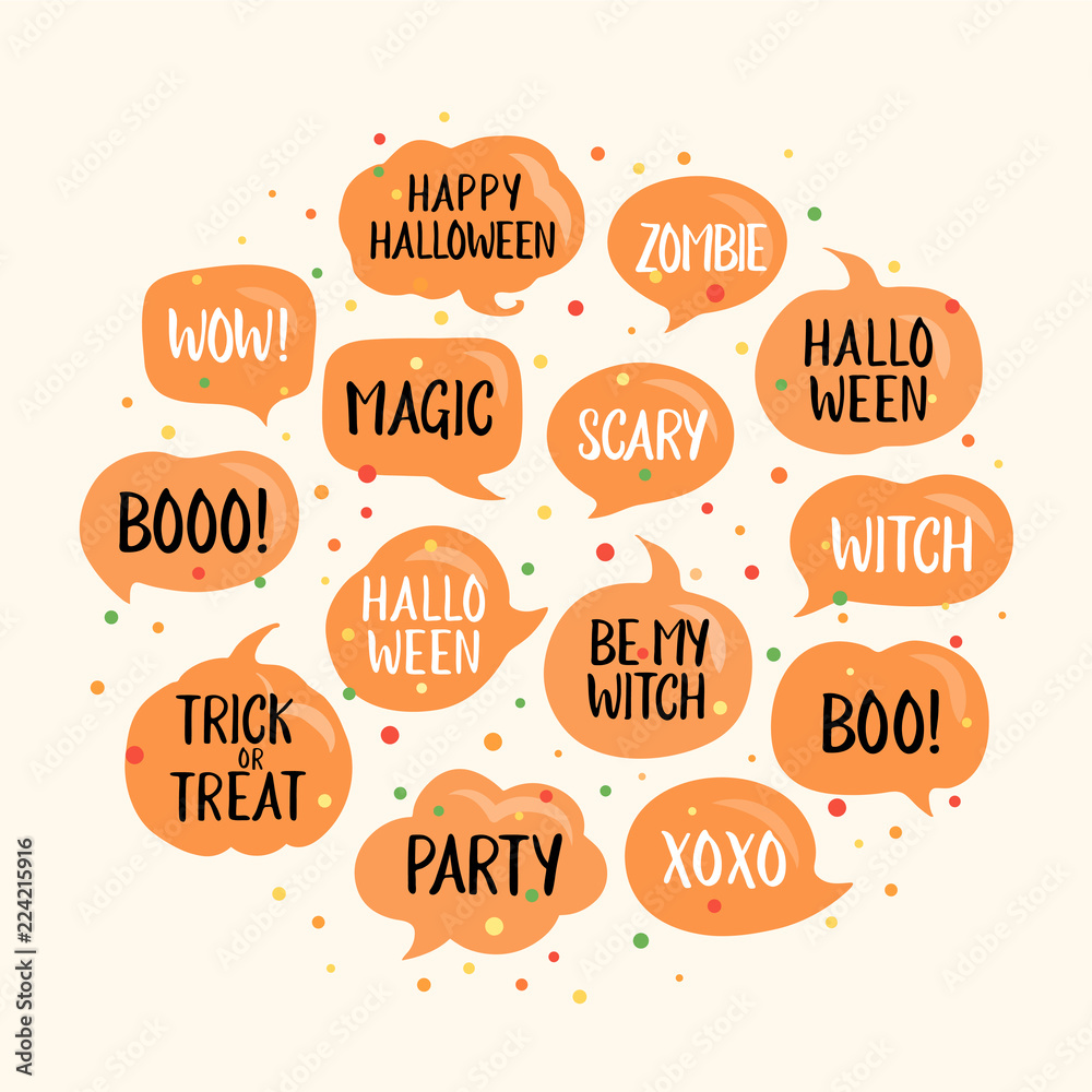 Halloween speech bubbles set with text: Happy Halloween, trick or ...