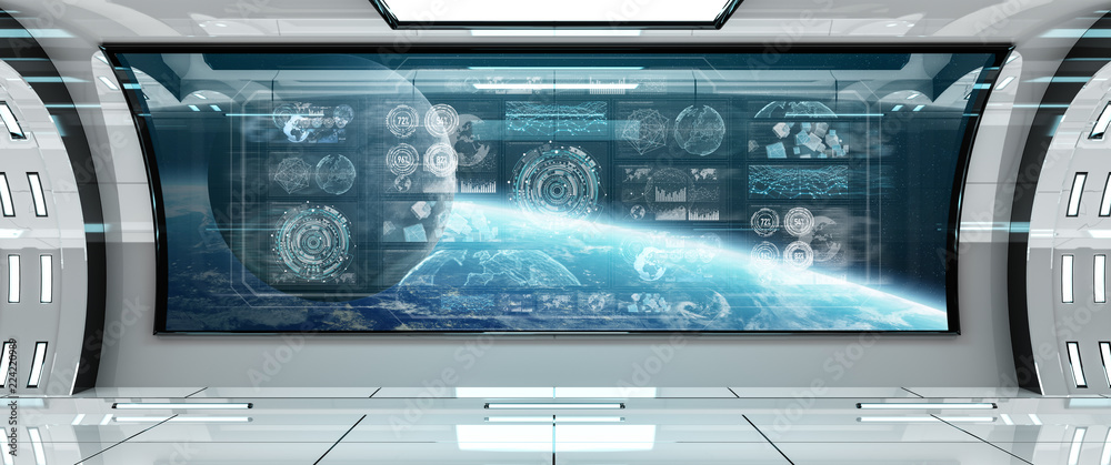 White spaceship interior with control panel digital screens 3D ...
