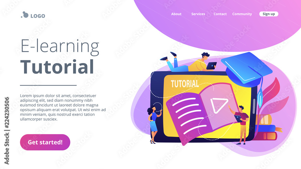 Students watching video tutorial on tablet with player sign. Online ...