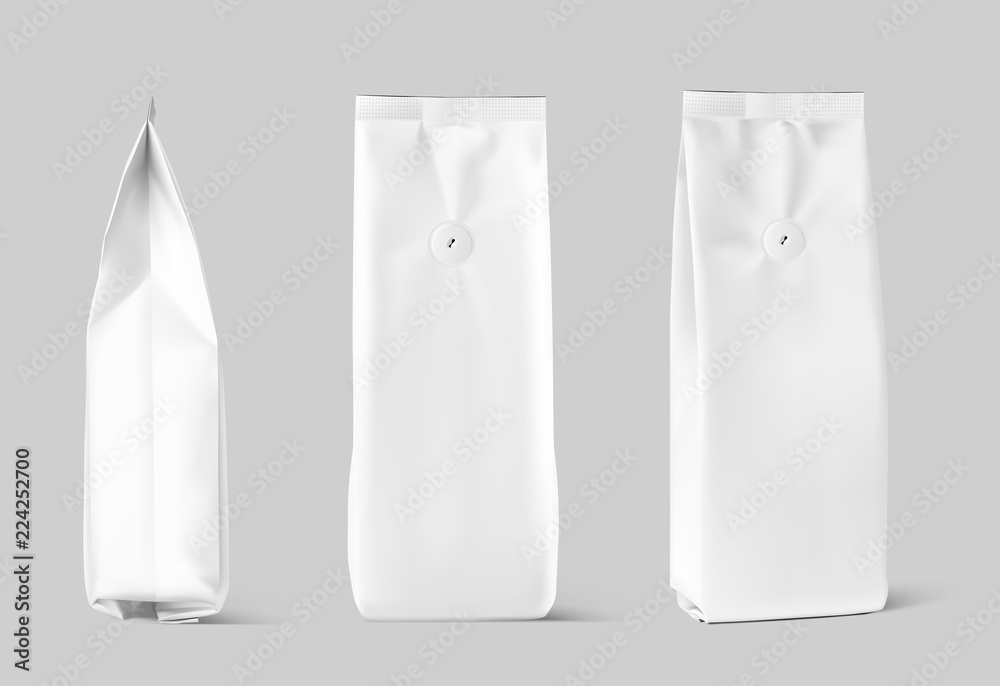 Realistic coffee bag mockup on gray background. Front and side views ...